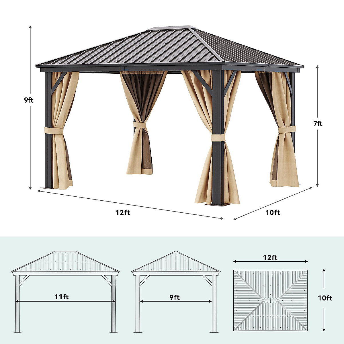 YITAHOME 10x12ft Hardtop Gazebo with Nettings and Curtains, Heavy Duty Galvanized Steel Outdoor Vertical Stripes Roof for Patio, Backyard, Deck, Lawns, Brown