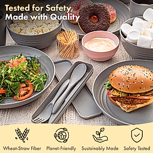 FOODLE Wheat Straw Dinnerware Sets for 6 - Lightweight & Unbreakable - Microwave & Dishwasher Safe - Perfect for Picnic, Dorm, RV Dishes - Camping Plates Cups and Bowls Set - Great for Kids & Adults