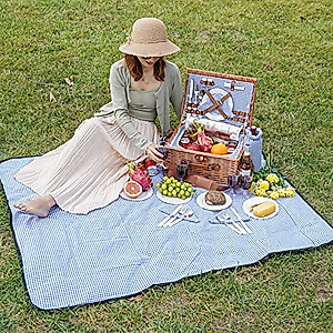 Picnic Basket for 4, Insulated Willow Picnic Baskets with Shoulder Strap, Picnic Hamper with Waterproof Picnic Blanket, Handmade Wicker Hamper for Outdoor, Great Gifts for Thanksgiving, Christmas