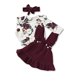 Baby Girl Newborn Outfits 6 Months Girl Clothes Floral Long Sleeve Jumpsuit Burgundy Ruffle Suspender Skirt Toddler Overall Dress 0-6 Months