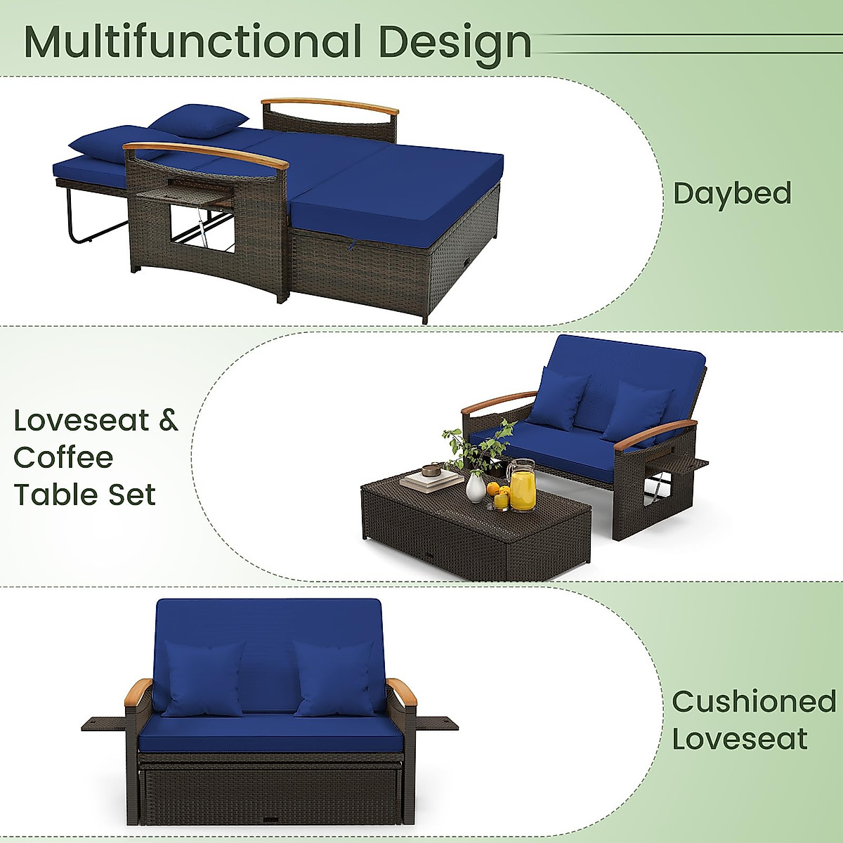 Moccha Outdoor Wicker Daybed, Patio Rattan Loveseat Sofa w/ 4-Level Adjustable Backrest, Folding Panels, Storage Ottoman & Cushions, Lounge Furniture Set for Poolside Backyard Porch (Navy)