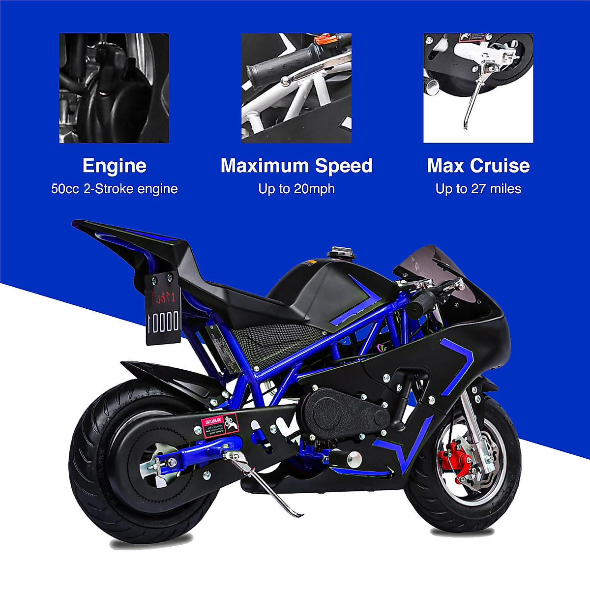 FRP 50cc 2 Stroke Pocket Bike 01, EPA Approved Mini Bike for Kids, Gas Pocket Bike W/Strong Dual Brake, Racing Rocket Max Speed 20 Mph, Realistic Mini Motorcycle Max Weight 165 LB