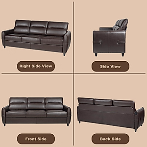 COEWSKE 3 Seater 85” Couch Sofa, Faux Leather Mid Century Modern Comfy Couch, Vintage Tufted Stain Resistant Couch with USB Charging Port for Living Room, Office, Bedroom, Apartment (Brown)