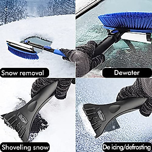 57 Inch Extendable Snow Brush and Ice Scraper, 270° Pivoting Snow Brush for Car Windshield, 3 in 1 Sturdy Snow Brush with Squeegee and Foam Grip, for RV SUV Truck, Gloves and Storage Bag Included