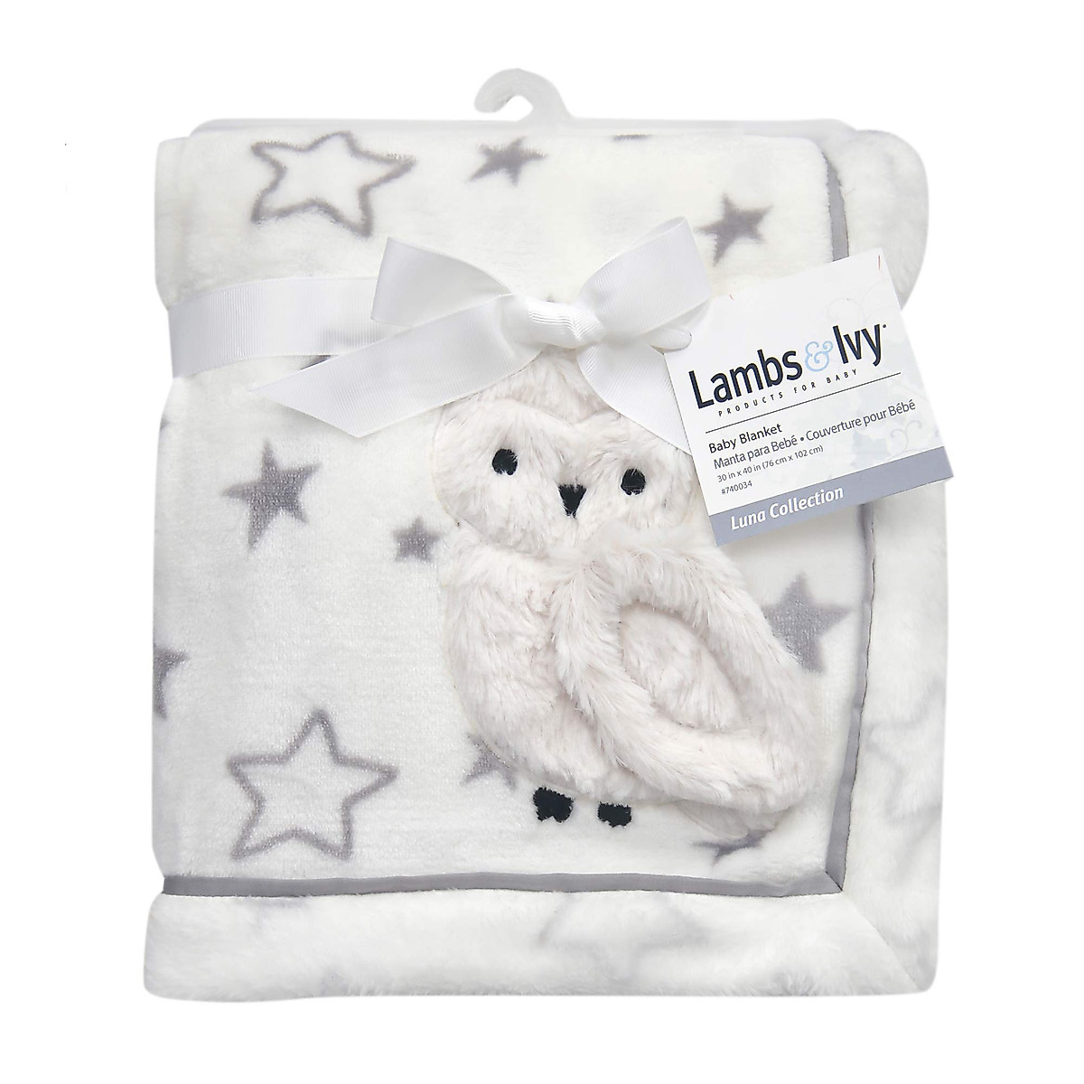 Lambs & Ivy Luna Gray/White Stars with Appliqued Owl Luxury Soft Baby Blanket, 30x40 Inch (Pack of 1) (740034)