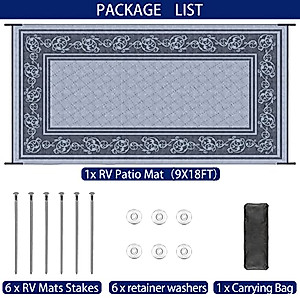 EEZ RV Products 9x18VG Heavy Duty Reversible/Durable Outdoor Patio/RVing Mats(9ft x18ft Vine Grey) Come with Large Storage Bag & 6 Sets of Stakes and Washer