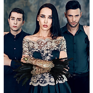 L'VOW 2Pcs Gothic Black Lace Feather Long Gloves for Women Halloween Witch Costume Swan Wristband Cuff