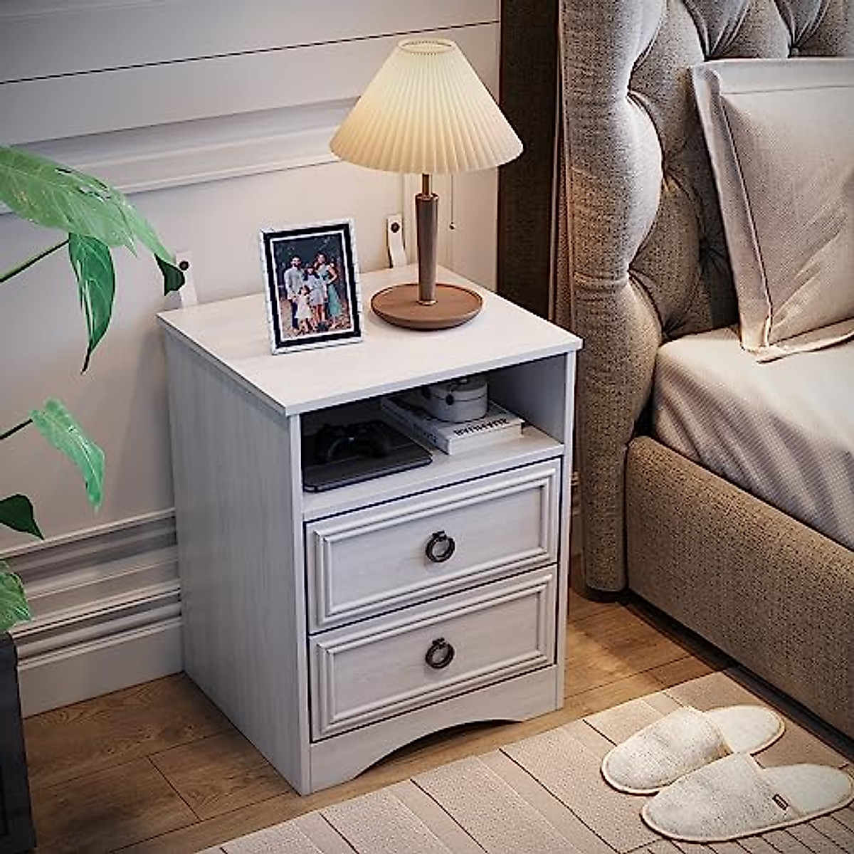 HolliWill Nightstand Set of 2, Night Stand with Drawers, Accent Bed Side Table and End Table with Open Storage for Bedroom, Living Room, White