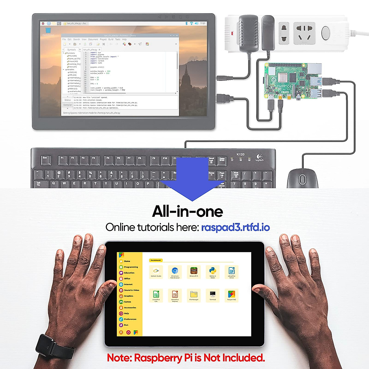 SunFounder RasPad 3.0 - an All-in-One Tablet for Raspberry Pi 4B with 10.1" Touchscreen and Built-in Battery for IoT, Programming, Gaming, 3D Printing Projects
