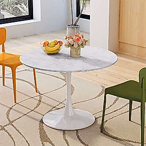 DKLGG 42" Modern Round Dining Table with Printed Marble Table Top, Metal Base Pedestal Table Tulip Table Kitchen Table for 4-6 Person, Small Space Home, End Table Leisure Coffee Table, Marble