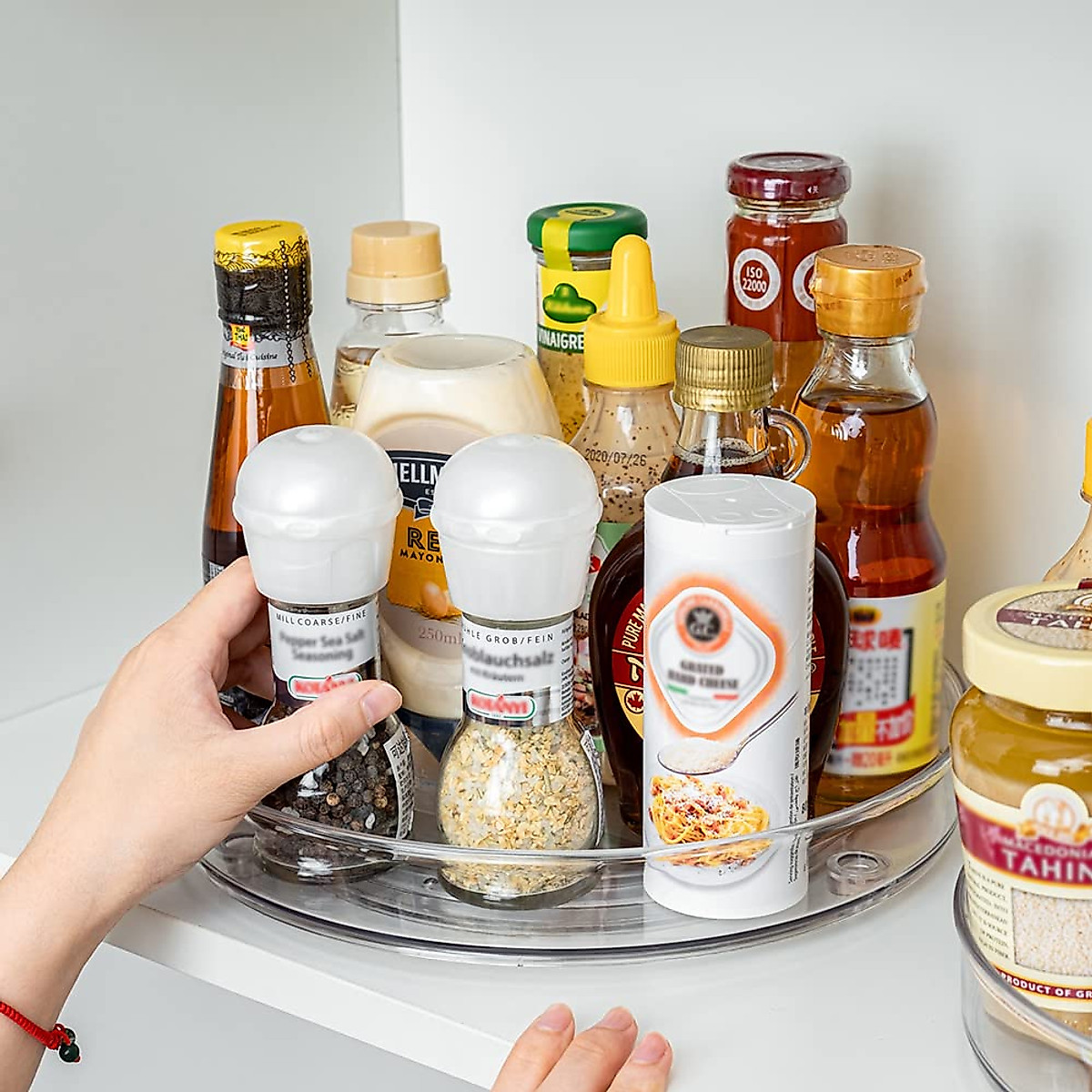 CXRYLZ 2 Pack 9.3 inch Lazy Susan Cabinet Organizer, PET Rotating Storage Rack, Spice Organizer Storage Cabinet, Plastic Lazy Susan Turntable for Fridge Pantry Kitchen Bathroom Bedroom