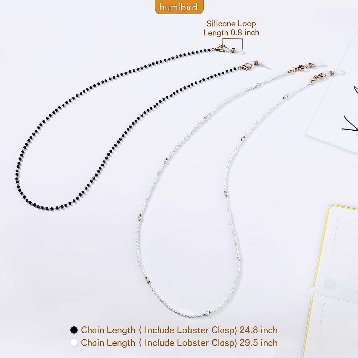 humlbird 2 Pcs Glasses Chain Sunglass Chain Eye Glasses Holders Around Neck Mask Chain Face Mask Eyeglass Chain for Women Stylish, Black White