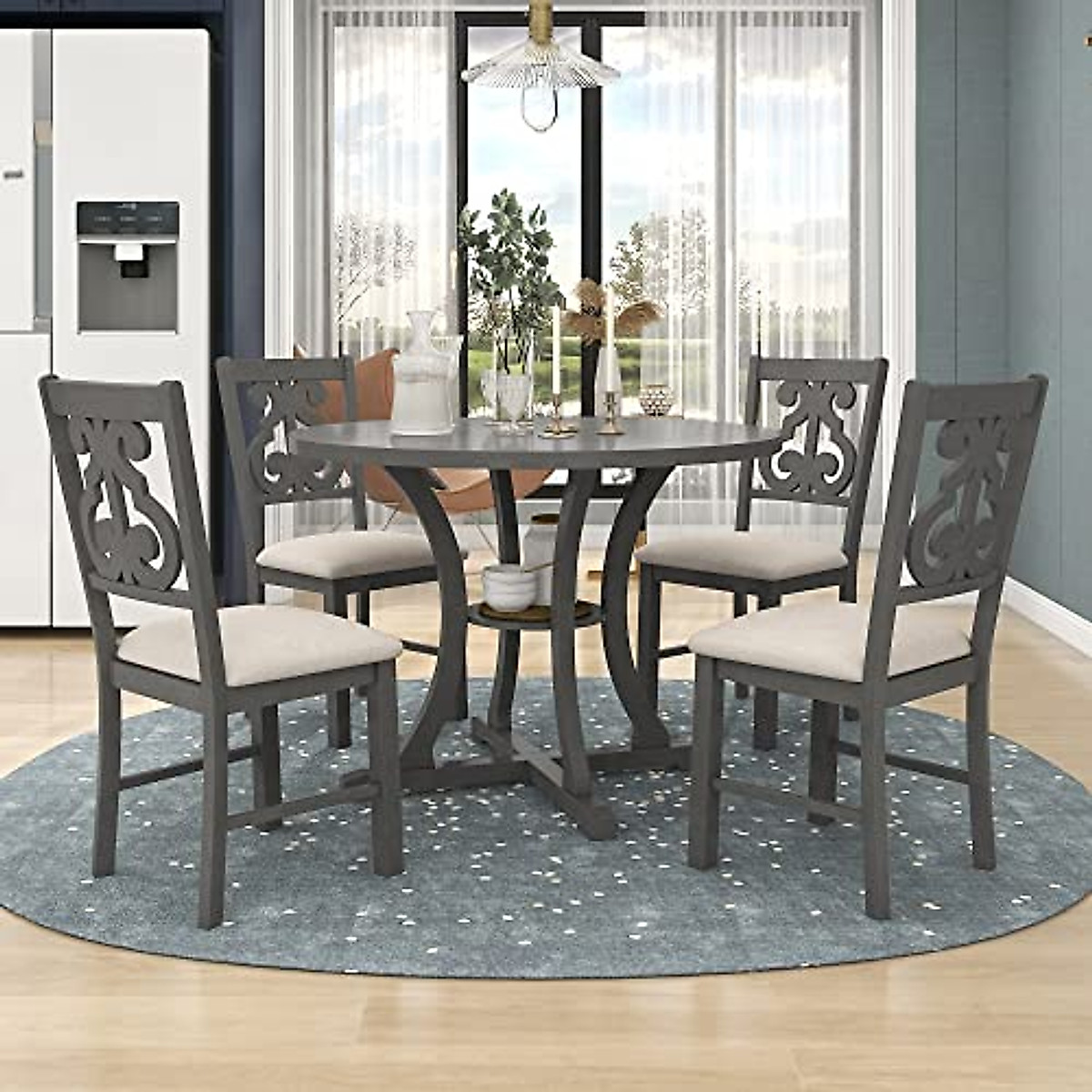 EMKK 5 Piece Round Table, Fabric Chair Vintage Style Home Furniture 42" Beautifully Designed Diningroom Hollow Back and Storage Shelf, 4-Seater Dining Set, Gray