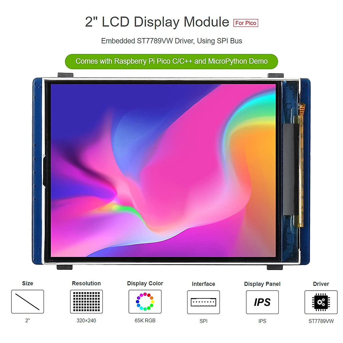 waveshare 2inch LCD Display for Raspberry Pi Pico, 65K RGB Colors 320×240 Pixels IPS Screen, SPI Interface