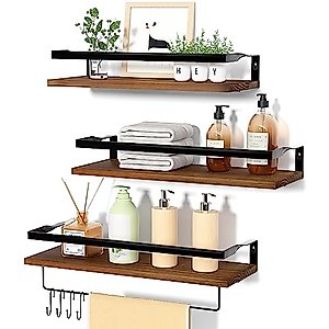 upsimples Floating Shelves, Bathroom Shelves Set of 3, Wood Wall Shelves with Removable Towel Bar, Wall Decor for Bathroom, Bedroom, Living Room, Kitchen, Dark Brown