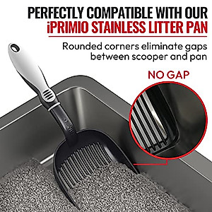 iPrimio Cat Litter Scoop Metal with Deep Shovel - (Black) - Non Stick Plated Aluminum Cat Litter Scooper for Litter Box - Designed by Cat Owners - Patented Sifter with Holder - Super Solid Handle