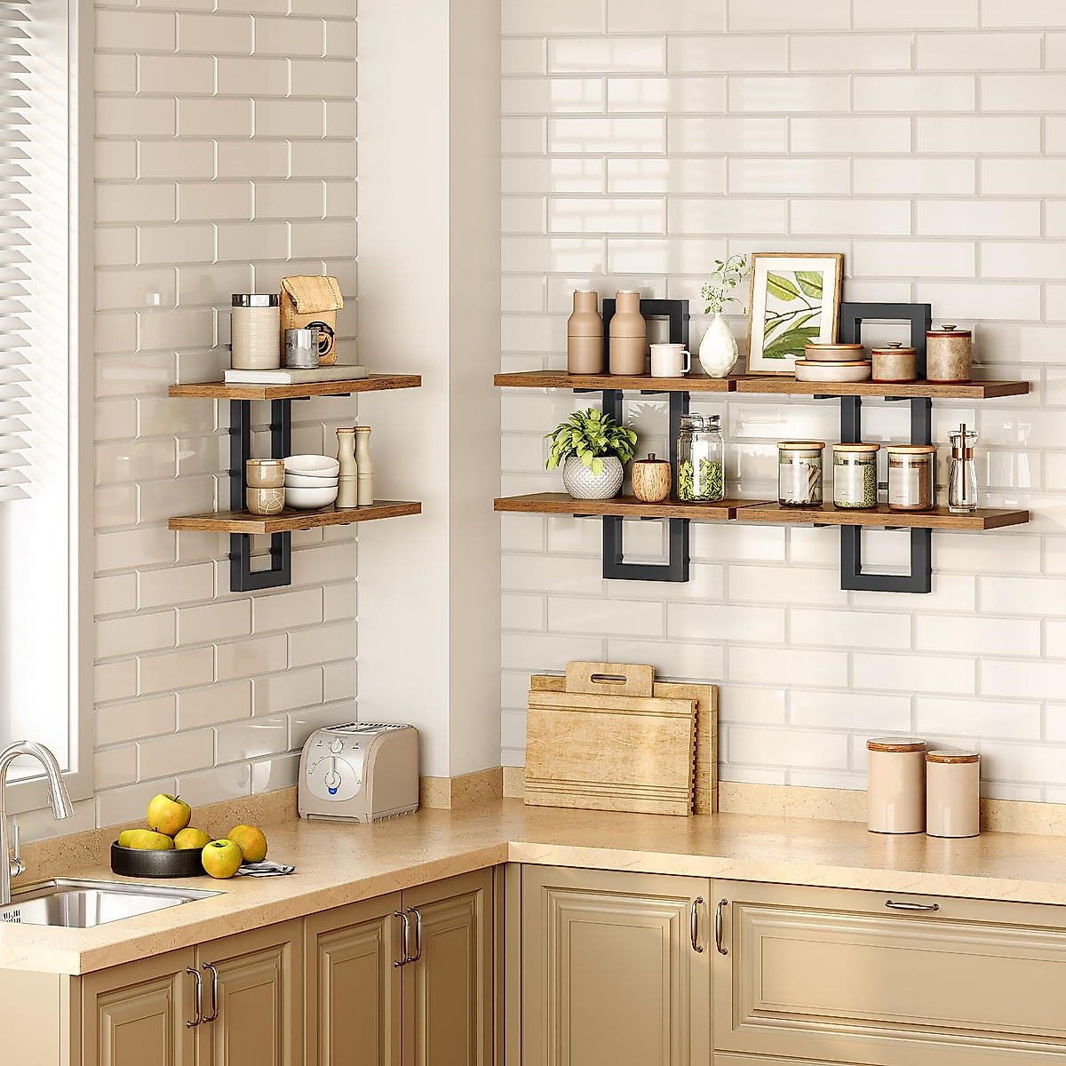 HOOBRO Floating Shelves, 15 Inch Wall Shelf Set of 3, Wall Mounted Storage Shelves 2-Tier, Hanging Bathroom Shelves, for Living Room, Bedroom, Bathroom, Kitchen, Rustic Brown and Black BF32BJP301