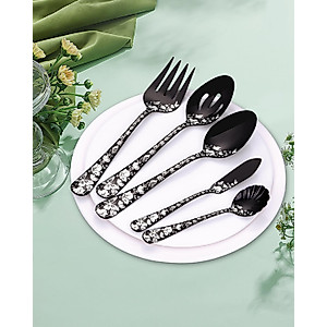 Stapava Serving Utensils Set Black, 5PCS Stainless Steel Flatware Serving Set with Large Serving Spoon Slotted Serving Spoon Serving Fork Sugar Spoon Butter Knife for Dinner Party, Dishwasher Safe