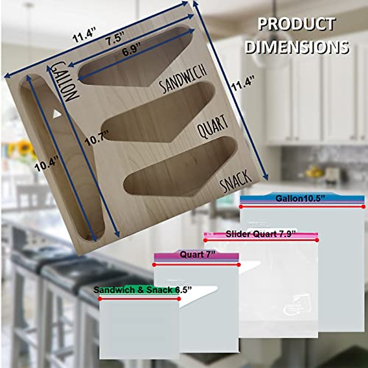 GONNADOO Wood Ziplock Organizer Box, Wood Kitchen Food Baggie Organization Dispenser for Kitchen Drawer Box, organizers and storage with Gallon, Quart, Sandwich and Snack Variety Size Bags (Natural)