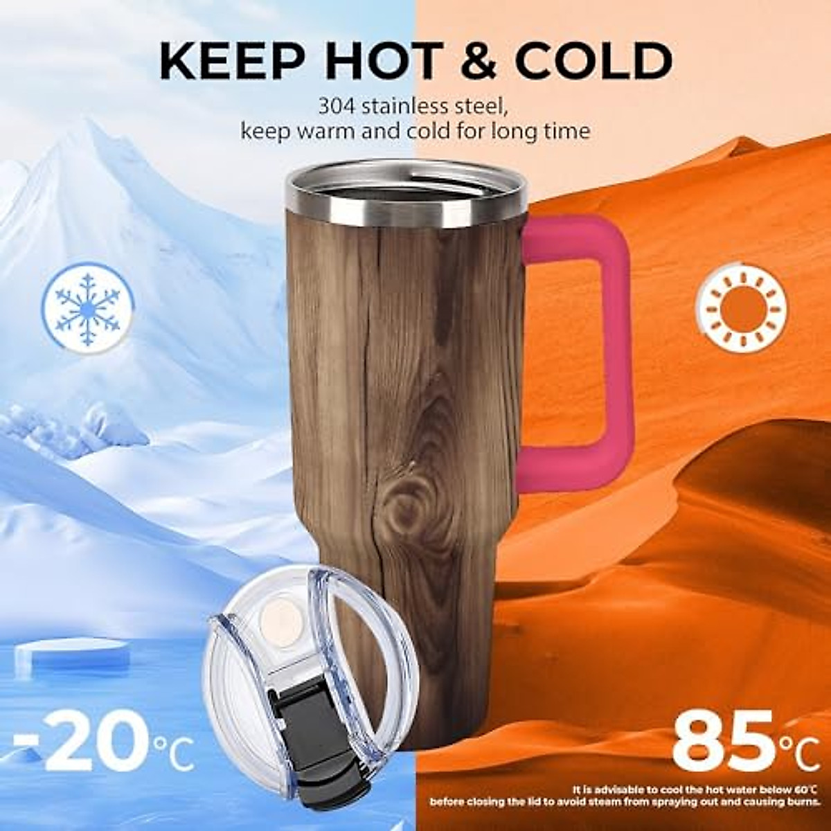 WYUSPGK 40oz Stainless Steel Car Mug, Wood Grain Print Travel Mug, Double-Wall Insulated with Straw, Perfect for Car, Office, Outdoor