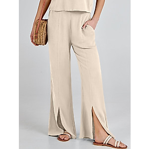Caracilia Women's Linen Palazzo Pants Summer Beach Boho Wide Leg High Waist Front Split Elastic Waisted Trousers Casual Loose Flowy Pant with Pocket Beige C128A0-mise-S