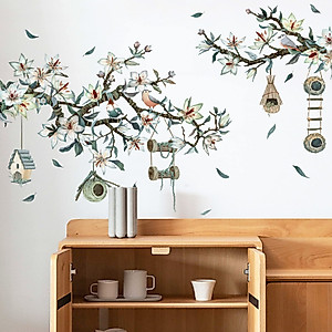 Birds on Magnolia Tree Branches Wall Stickers, ULENDIS DIY Removable White Blossom Flower Wall Decals, Birdcage Murals Wall Decor for Home Bedroom Living Room Corridor Stair