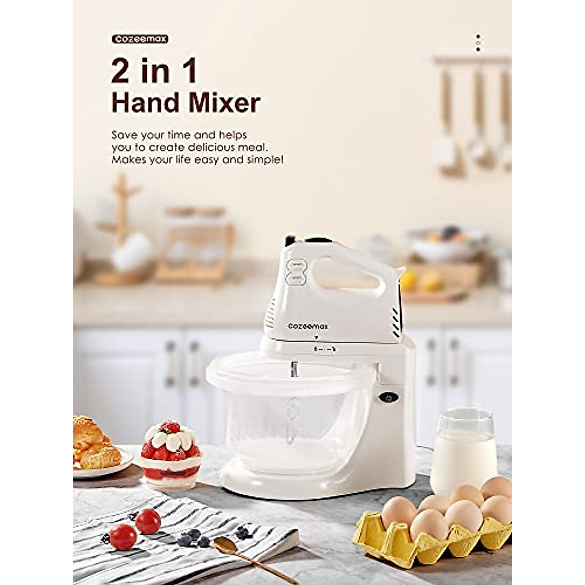 2 in 1 Hand Mixers Kitchen Electric Stand mixer with bowl 3 Quart, electric mixer handheld for Everyday Use, Dough Hooks & Mixer Beaters for Frosting, Meringues & More