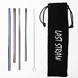 LAST STRAW Sky Blue Velvet Collection – Portable 304 Stainless Steel Cocktail Length Eco-Friendly Drinking Straws - Set of 4 Washable Rainbow Metal Straws + Brush + Velvet Carrying Pouch
