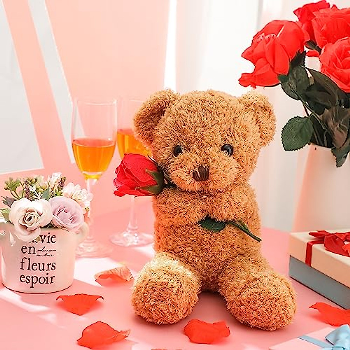 Civaner Valentine Plush Stuffed Animal Bear Gift with Rose Valentine Funny Cute Stuffed Animal Plush Gift for Girlfriend Valentine's Day, 11.8 Inches(Beige)