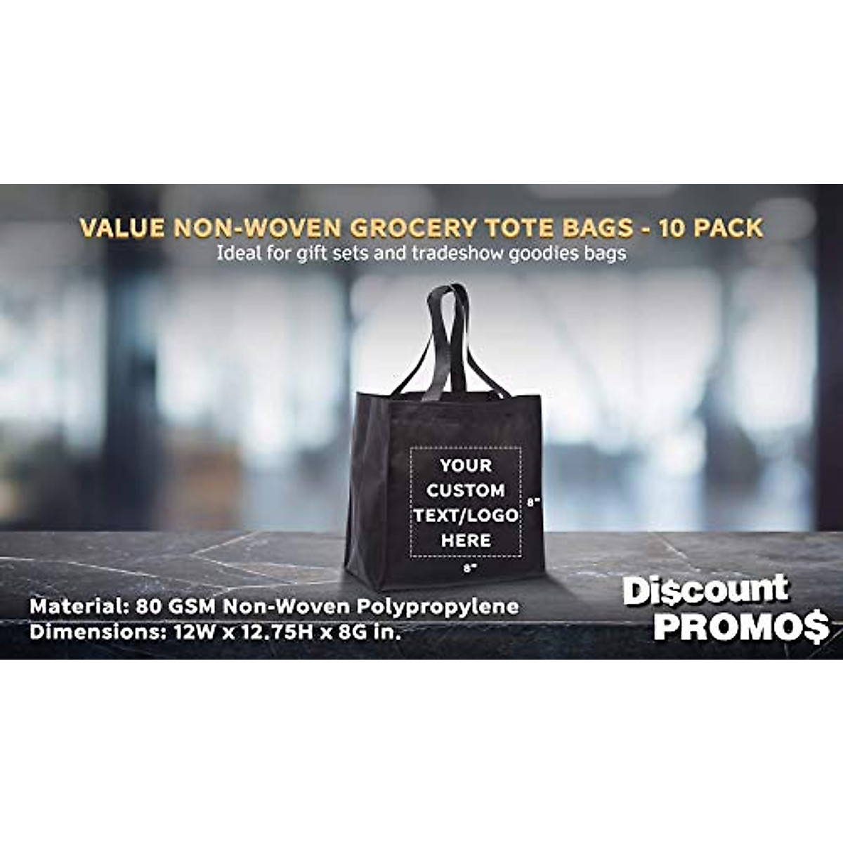 DISCOUNT PROMOS Custom Reusable Cloth Grocery Shopping Tote Bags - 10 Pack - Personalized Logo, Text - Foldable, Washable, Shopper Bag - Black