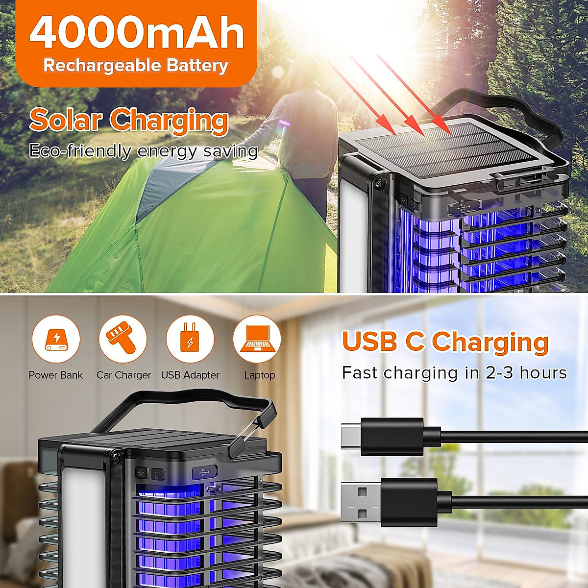 Solar Bug Zapper for Outdoor Indoor, Cordless & Rechargeable Mosquito Zapper with Reading Lamp, 4200V High Powered Mosquito Killer Insect Fly Trap 4000mAh Battery for Home, Patio, Camping