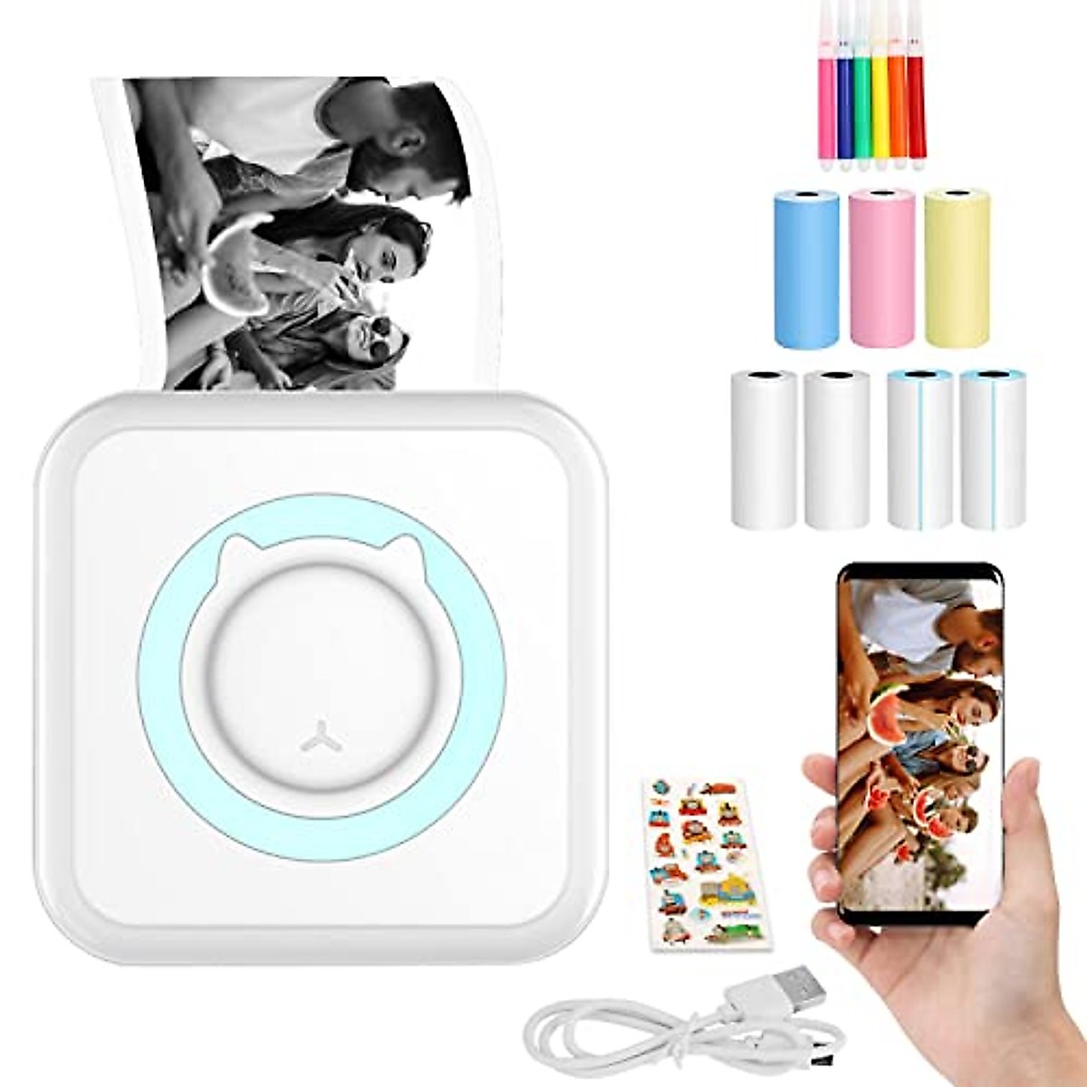 Carpower Mini Printer Portable, Pocket Thermal Printer with 7 Rolls Paper, Bluetooth Wireless Instant Photo Printer Compatible with iOS Android for Picture Receipt Label Note QR Code Inkless Printing