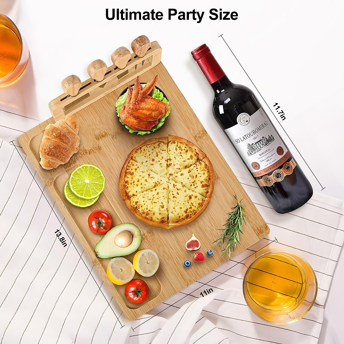 Lexda Bamboo Cheese Board and Knife Set - 14” x 11” Large Charcuterie Boards Set, Cheese Tray Platter Servers with Clasp Knife Holder, Gift for Anniversary, Housewarming, Christmas, Thanksgiving