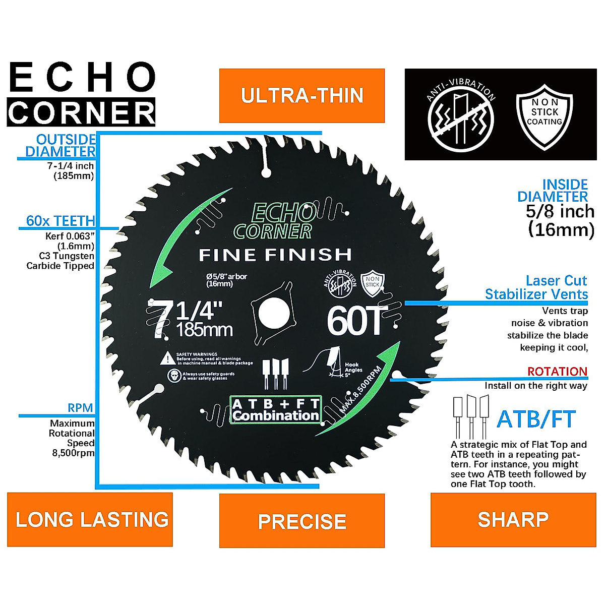 Echo Corner 7-1/4" Ultra Wood Finish Circular Saw Blade Combination ATB+Flat 60-Tooth with 5/8" & Diamond Arbor for Plywood MDF Plastic Veneer Lumber Laminate Acrylic LVP