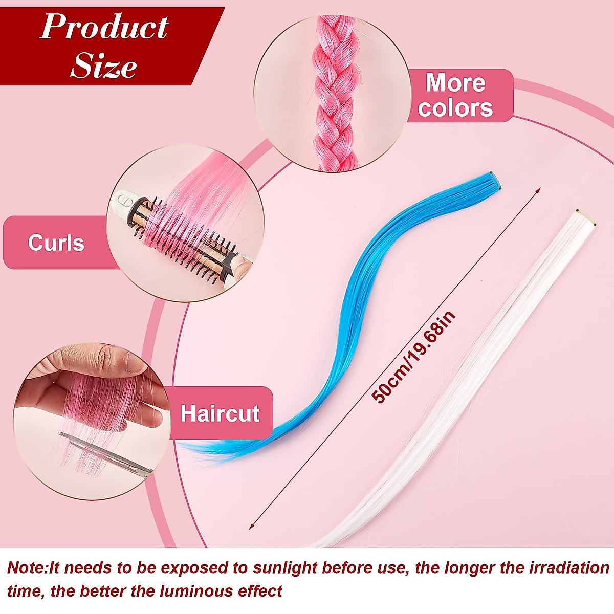 20 Pcs Glow in the Dark Hair Extensions Clip Luminous Colored Hairpieces Party Rainbow Hair Clips Synthetic Neon Fake Hair Clips Hair Accessories for DIY Women Kids Girls, 10 Color (Straight Hair)