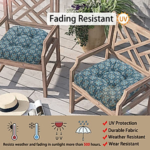 Magpie Fabrics Outdoor/Indoor Tufted Seat Cushion with Ties Set of 2, 19"x19" Waterproof Patio Chair Pads Tatami Floor Pillow for Garden Balcony Office Decor (Morgan Medal Blue)