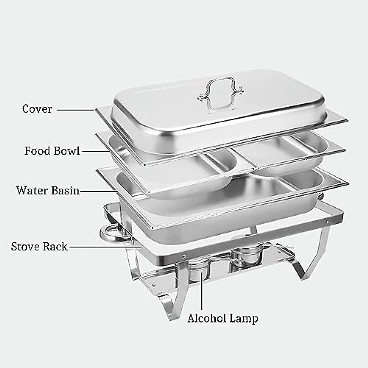 6L Stainless Steel Chafing Dish, for Catering Kitchen Buffet Food Warmer Tray Dining, with Lid & Food Pan & Fuel Holders Frame