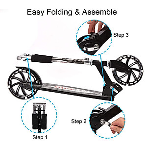 ChromeWheels Kick Scooter, Deluxe 8" Large 2 Light Up Wheels Wide Deck 5 Adjustable Height with Kickstand Foldable Scooters, Best Gift for Age 9 up Kids Girls Boys Teens, 180 lbs Weight Limit, Black