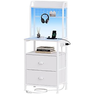 Furologee Tall Nightstand with Charging Station & LED Lights, 41'' Bedside Table with 2 Drawers & Pegboard, White Night Stand with Hooks & Folders, End Table with Shelves for Bedroom/Living Room