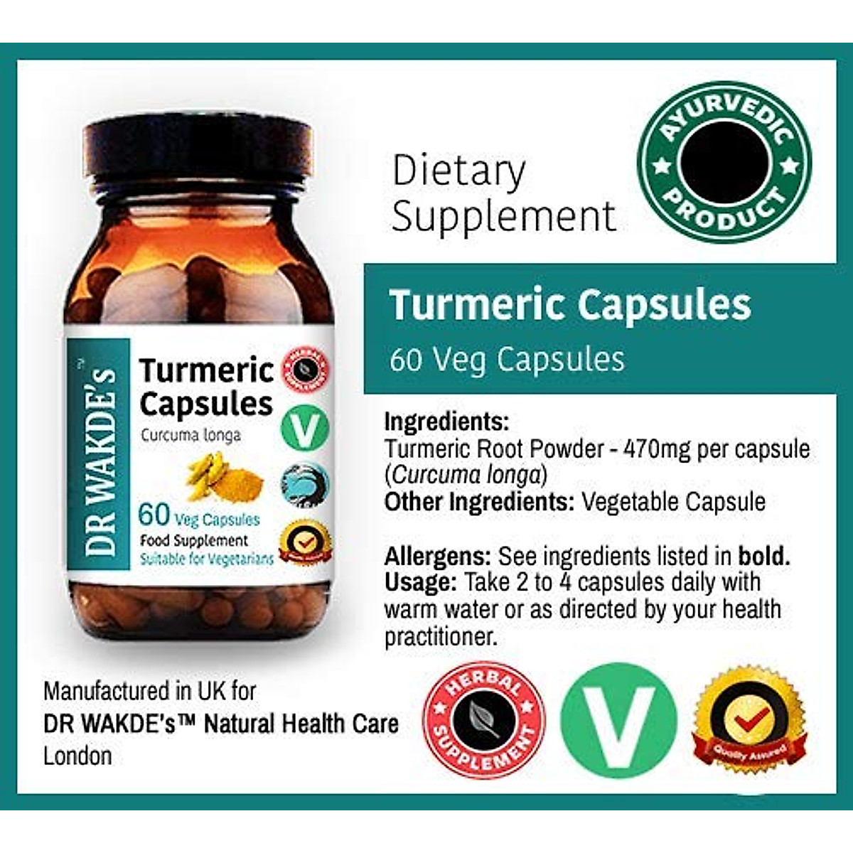 DR WAKDE'S Turmeric Capsules (Curcuma Longa, 60 Veg Caps, Plant-Based Supplement, Ayurvedic Herb, All Natural, Vegan)