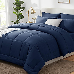 CozyLux Navy Blue Bed in a Bag - 7 Piece Comforter Set, Quilted Comforter (Queen), All Season, Flat & Fitted Sheets, Pillowcases