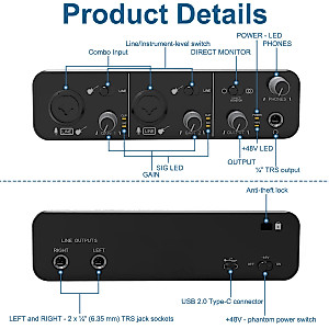 ZUZONG 2i2 Audio Interface Audio Interface USB Microphone Preamps with 48V Phantom Power 24 Bit Support Smartphone/Tablet/Computer and Other Equipment Recording（No DAW Recording Software）