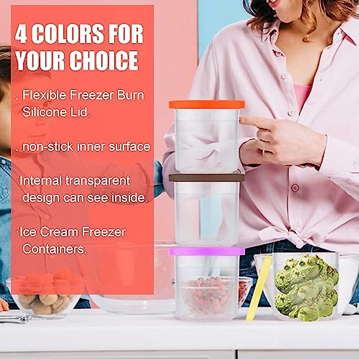 NQEUEPN 4pcs Ice Cream Pint Containers Tubs with Lids, Freezer Storage Replacement for Ninja Creami Pints Homemade for NC300 NC301 NC299AMZ Series