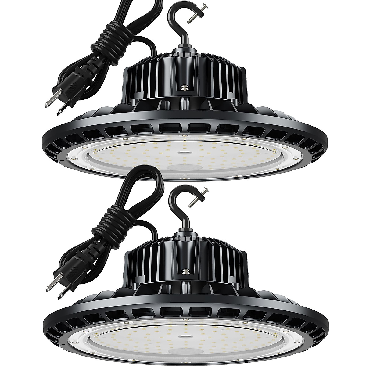 UFO LED High Bay Light 150W 5000K, High Bay LED Lights 21,000LM(600W MH/HPS Eqv.),UFO Lamp with Plug, Hanging Hook, Safe Rope, Lighting Fixtures for Warehouse Shop Factory Garage Gym Barn（2 Pack）