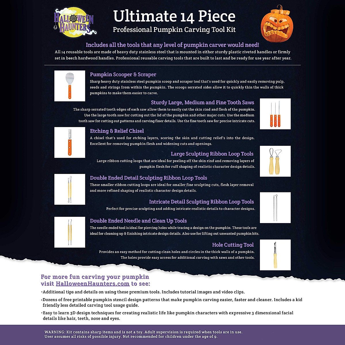 Halloween Haunters Ultimate 14 Piece Professional Pumpkin Carving Tool Kit - Easily Carve Sculpt Halloween Jack-O-Lanterns - 18 Cuts, Scoops, Scrapers, Saws, Loops