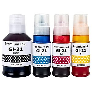 Compatible Refill Ink Bottles Replacement for Canon GI-21 GI21 GI-21PGBK GI-21BK GI-21C GI-21M GI-21Y Work for Canon G3260 G2260 G1220 Printers (4 Packs Black Cyan Magenta Yellow)