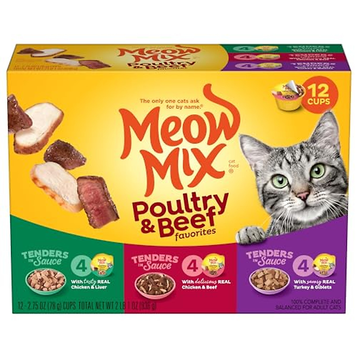 Meow Mix Tenders in Sauce Wet Cat Food, Poultry & Beef Variety Pack, 2.75 Ounce Cup (Pack of 48)