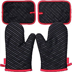 Oven Mitts Set of 4, Heat Resistant up to 572°F, Cotton Baking Gloves with Non-Slip Silicone, Cooking Gloves for Grilling and BBQ, Baking, Cooking, Black