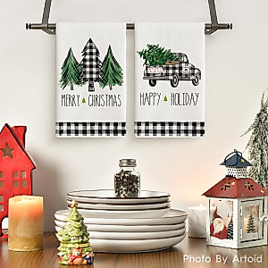 Artoid Mode Buffalo Plaid Truck Trees Kitchen Towels and Dish Towels Merry Christmas, 18 x 26 Inch Winter Drying Cloth Tea Towels for Cooking Baking Set of 2