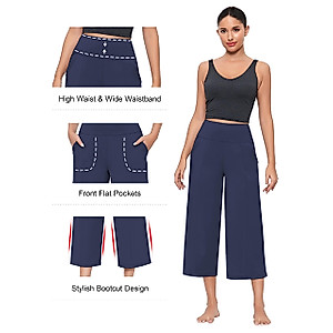 BUBBLELIME Women's Bootleg Yoga Capris Pants High Waist Workout Flare Crop with Pockets - DARKNAVY_Medium